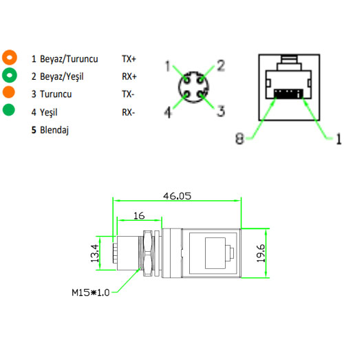 M12MSDRJ45AP M12 D Kod Erkek RJ45 Dönüştürücü Açılı Tip